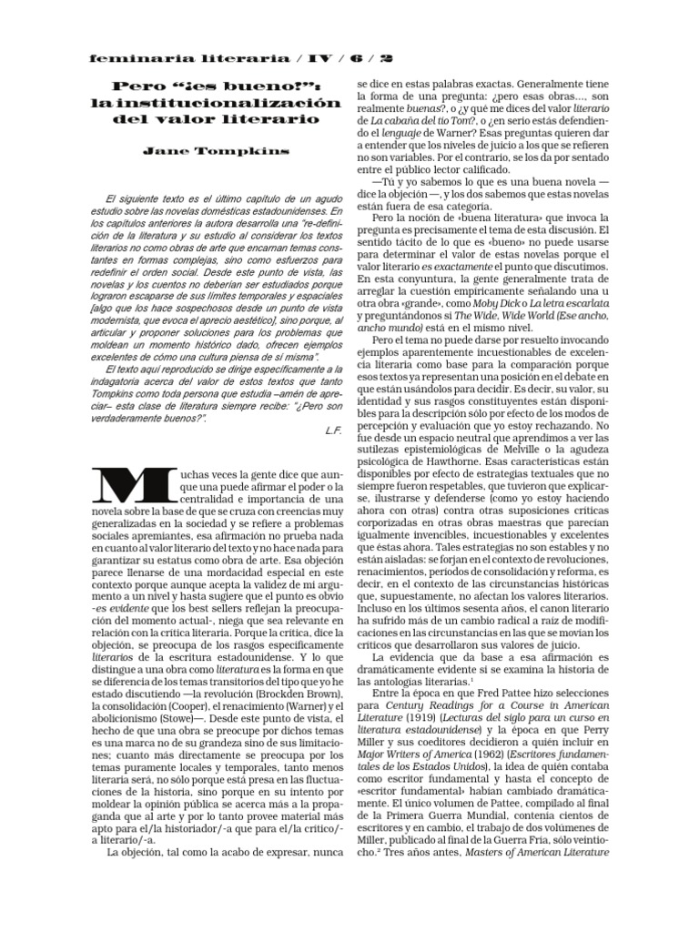 Jane Tompkins, "Pero, ¿Es Bueno?: La Institucionalización Del Valor ...
