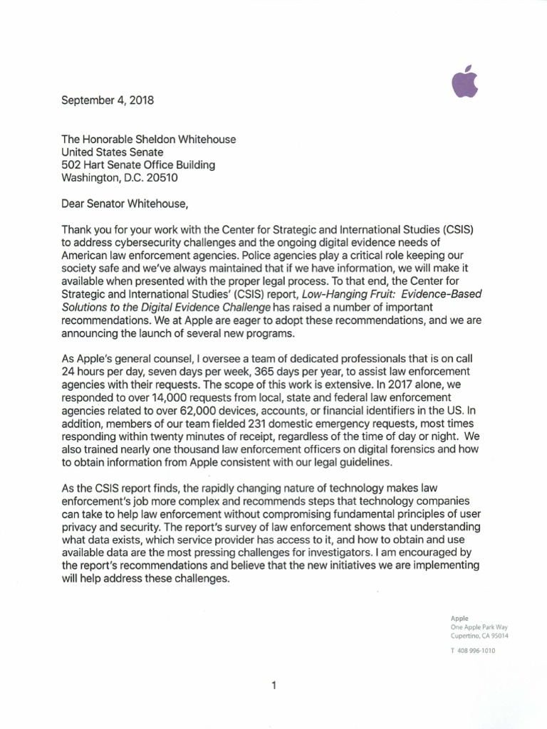 Apple Letter To Sen. Whitehouse On Working With Law Enforcement | PDF