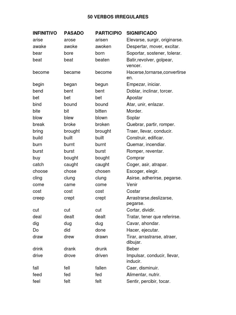 Lista de 50 Verbos Irregulares en Inglés | PDF | Syntax | Grammar