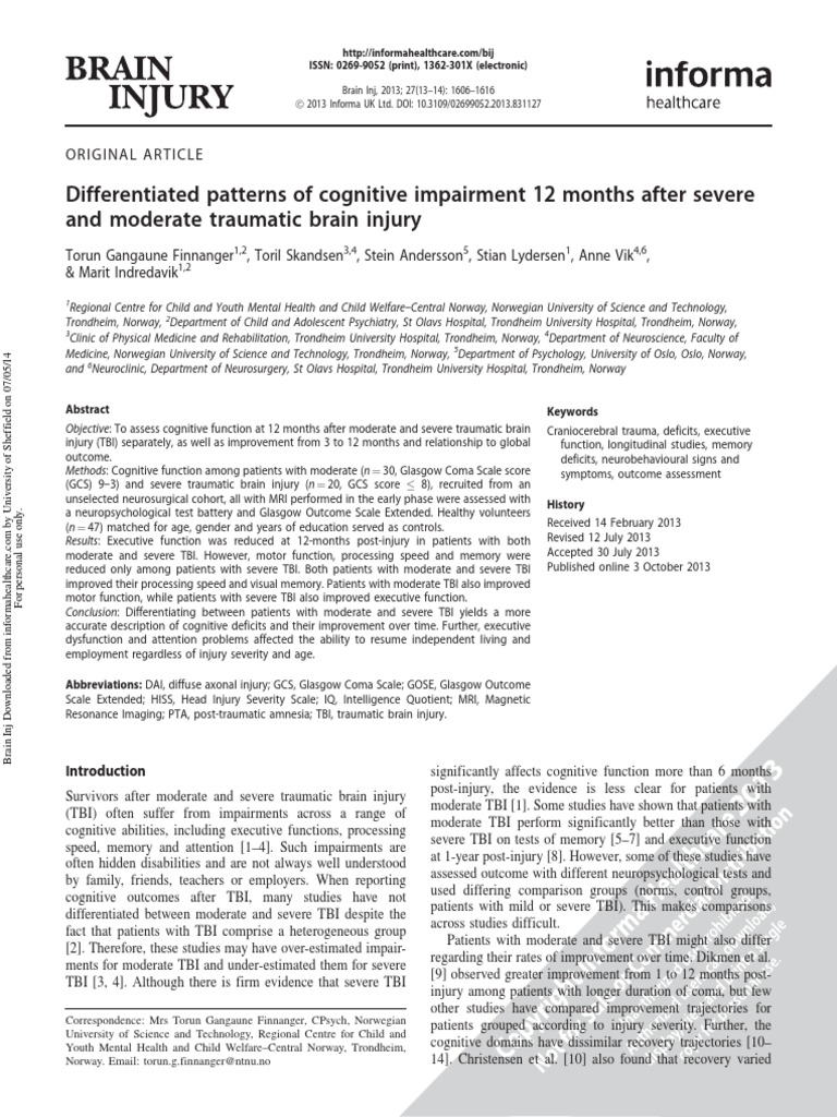 Differentiated Patterns of Cognitive Impairment 12 Months After Severe ...