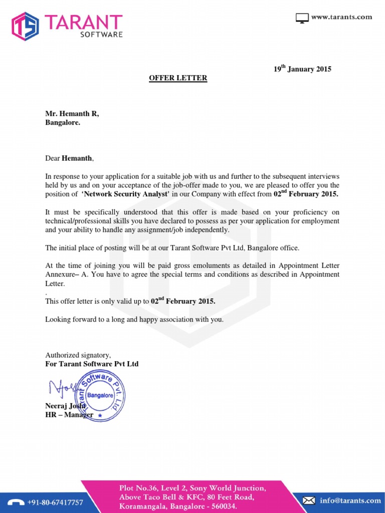Network Security Analyst Offer Letter | PDF