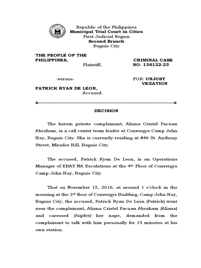 Municipal Trial Court in Cities Second Branch The People of The Philippines, Criminal Case | PDF ...