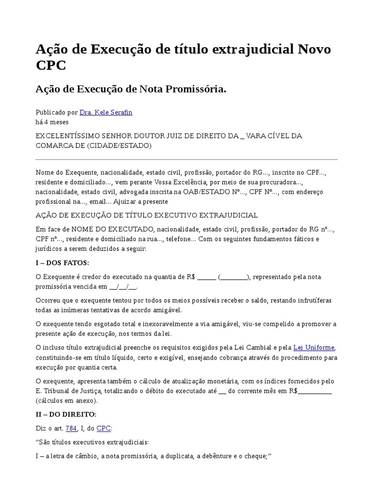 Ação de Execução de Título Extrajudicial Novo CPC - Odt | PDF | Nota ...