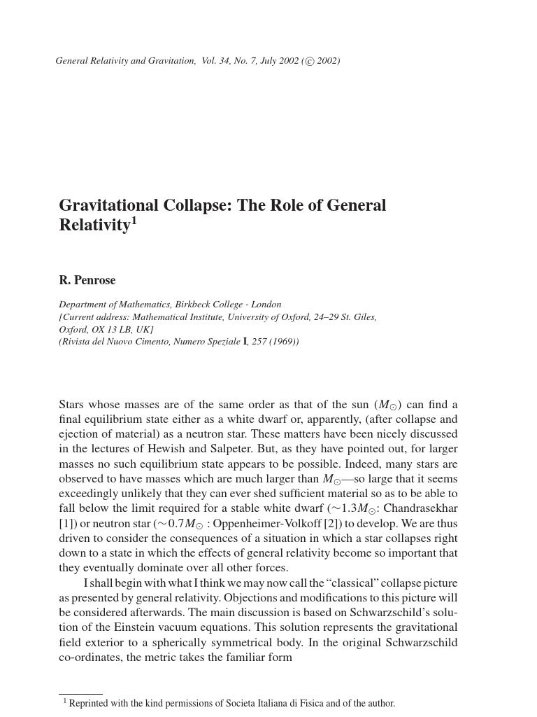 Gravitational Collapse in General Relativity | PDF | Black Hole | Spacetime