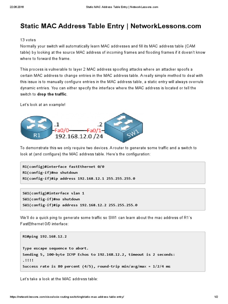 Static MAC Address Table Entry | PDF | Telecommunications Standards ...