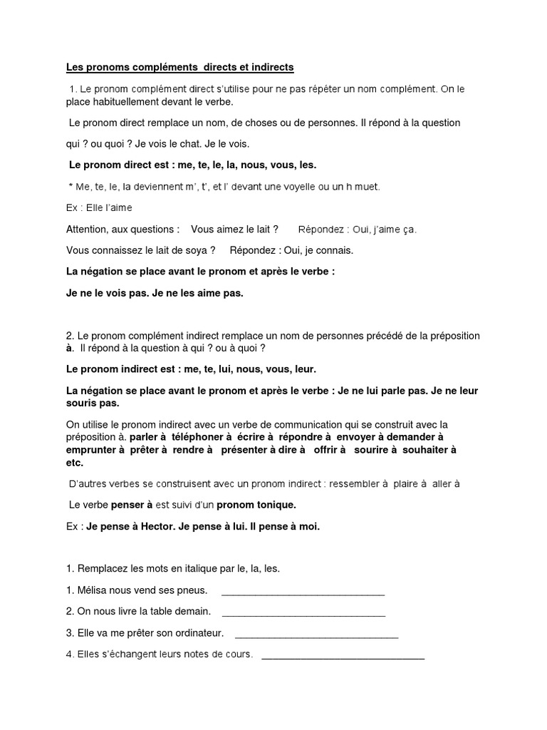 Les Pronoms Compléments Directs Et Indirects Exercices | PDF | Pronom ...