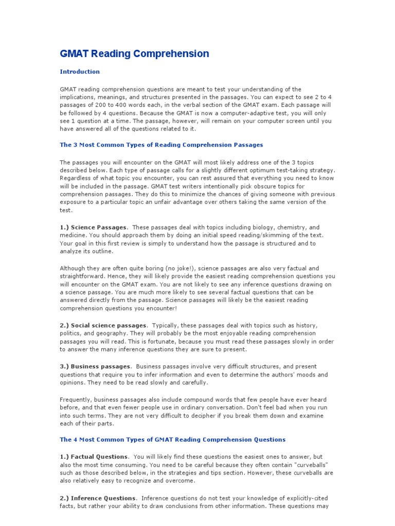 GMAT Reading Comprehension Guide | PDF | Graduate Management Admission ...