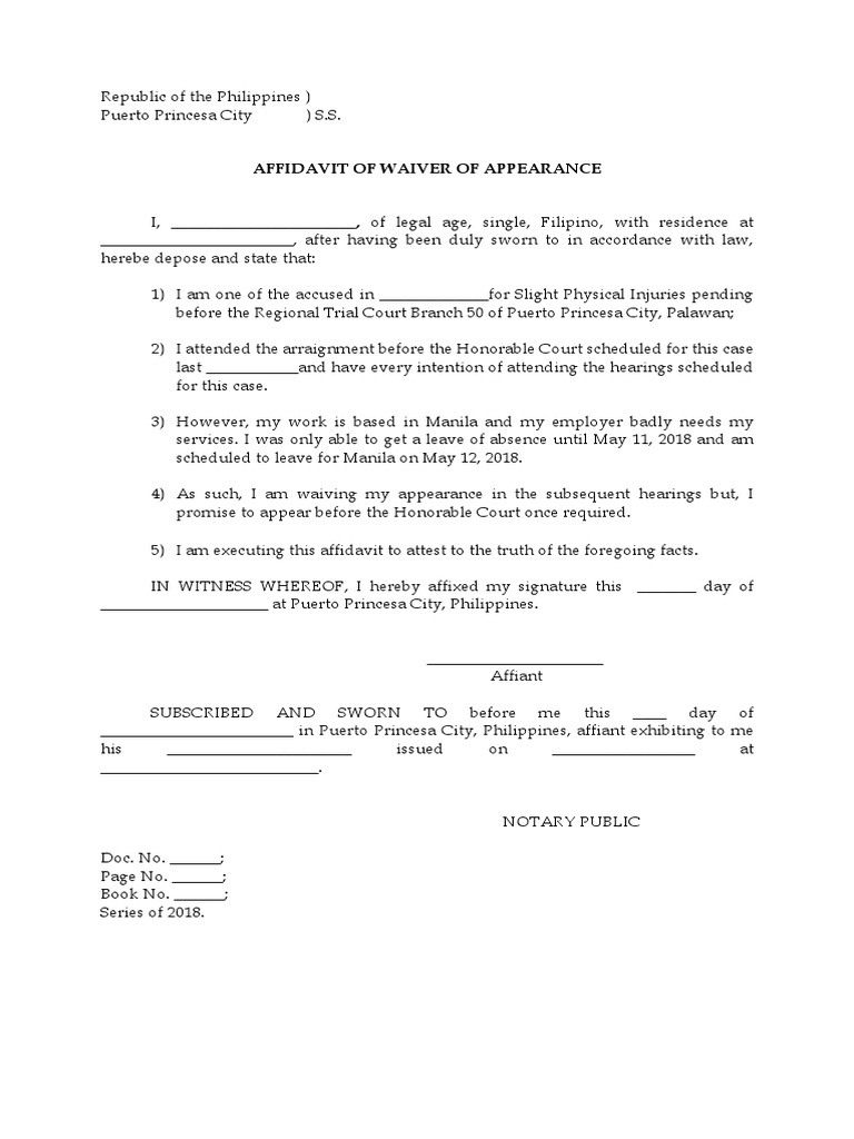 Affidavit of Waiver of Appearance
