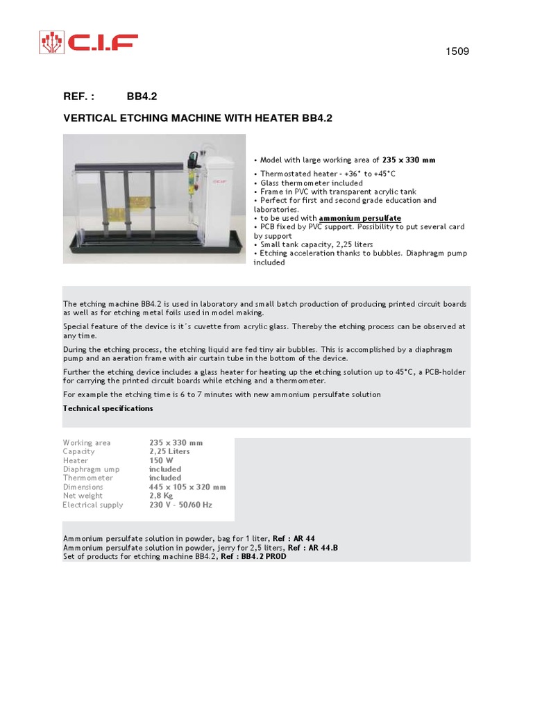 REF.: BB4.2 Vertical Etching Machine With Heater Bb4.2: Technical ...
