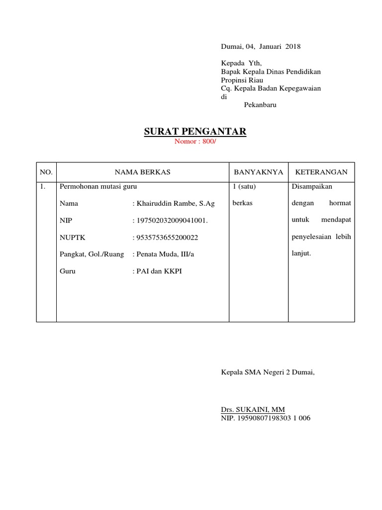 Contoh Surat Pengantar Mutasi PNS OKE | PDF