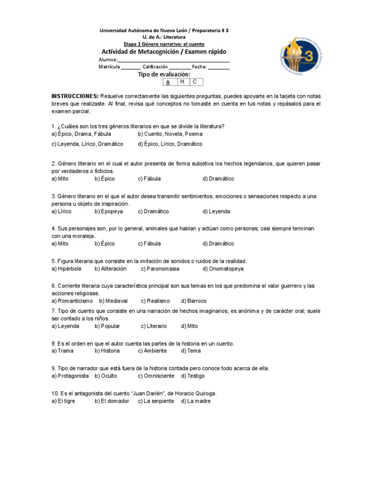 Mini Examen de Literatura Etapa 1 | PDF | Leyendas | Cuentos