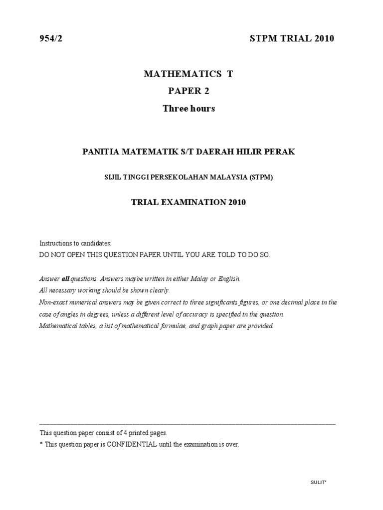 STPM TRIAL 2010 MATHEMATICS PAPER 2 | PDF | Sine | Probability Theory