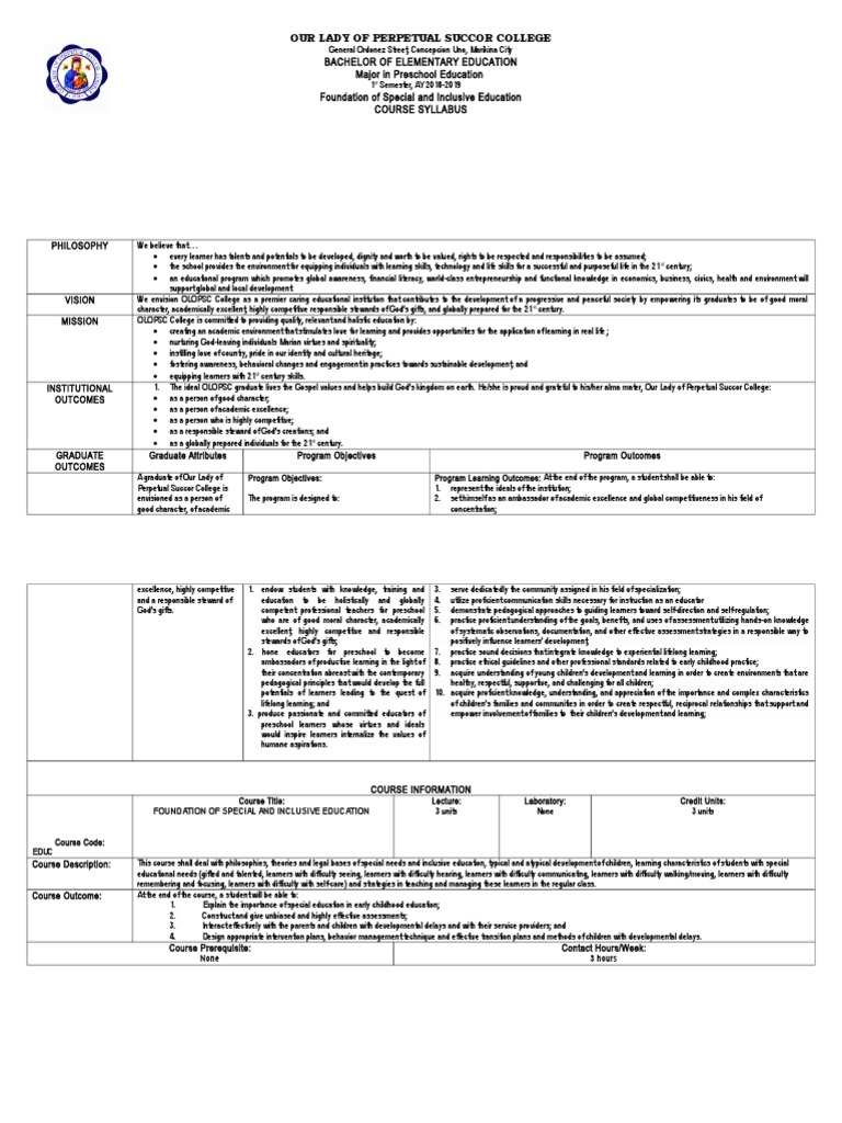Course Outline EDUC 102 Foundation of Special and Inclusive Education ...