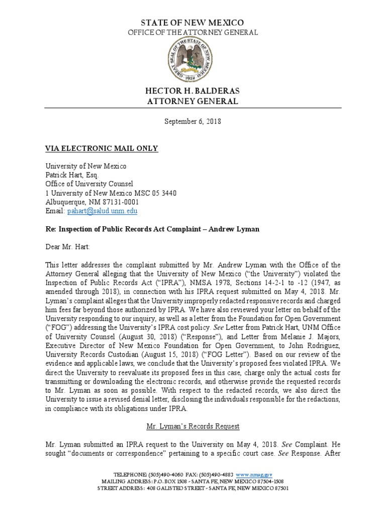 NM Attorney General Letter To UNM | PDF | Discovery (Law) | Complaint