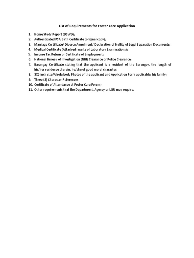Foster Care Application Requirements List | PDF | Kinship And Descent ...