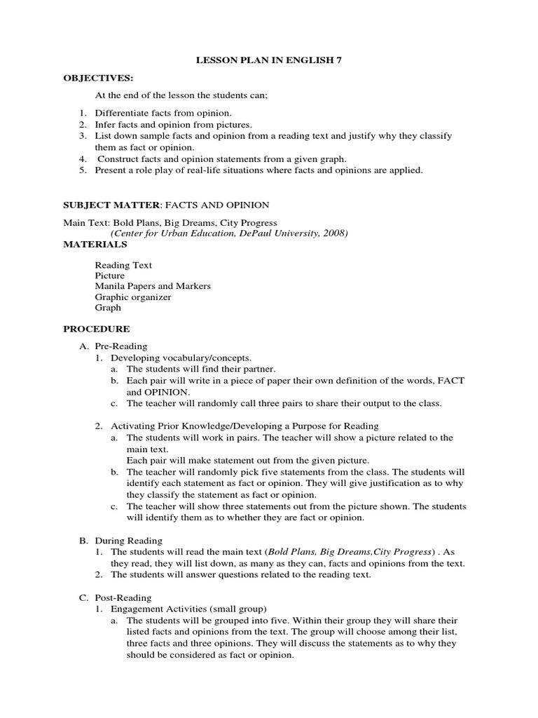 Lesson Plan in Reading-Facts and Opinion Group 6 | PDF | Theory Of ...