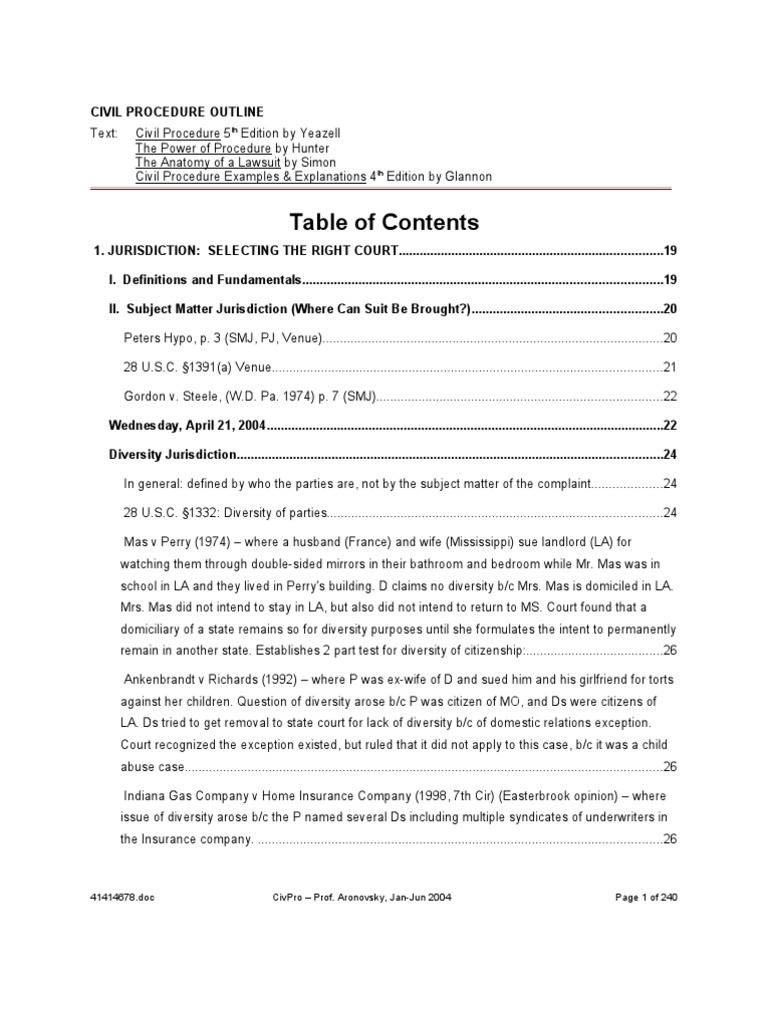 Civil Procedure the Best Outline | Discovery (Law) | Diversity Jurisdiction