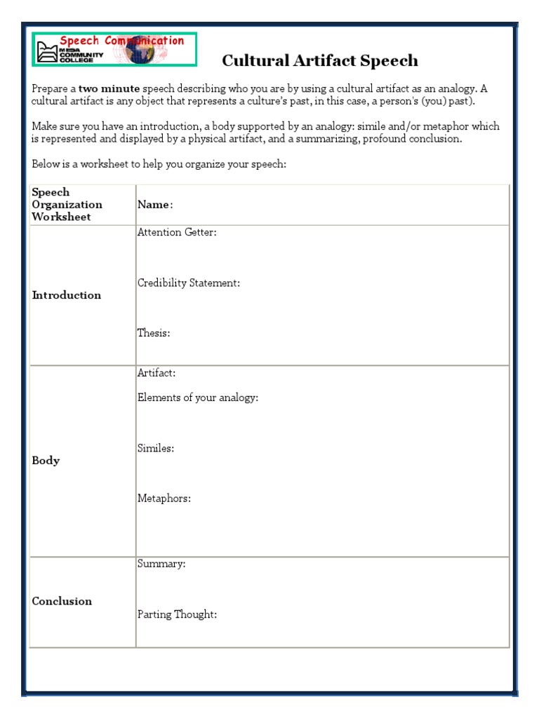 Cultural Artifact Speech: Speech Organization Worksheet Name | PDF ...
