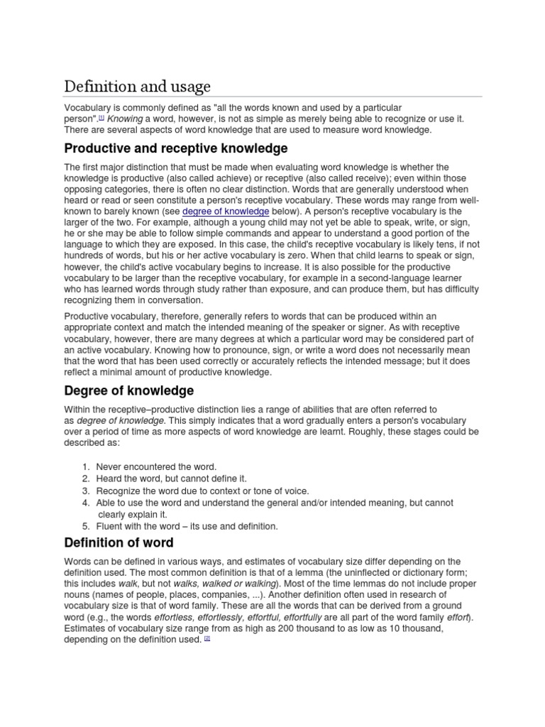 Definition and Usage: Productive and Receptive Knowledge | PDF