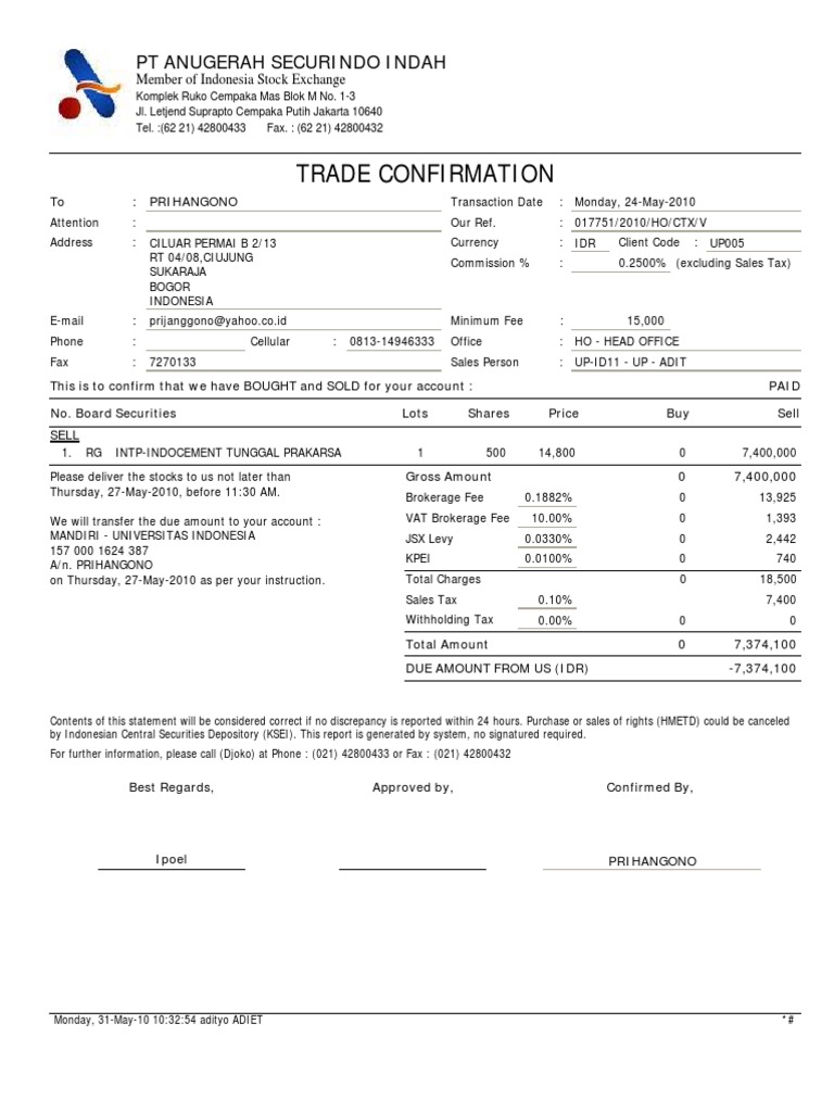 Trade Confirmation Up005 | PDF | Indonesian Rupiah | Brokerage Firm