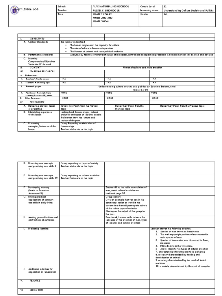 Daily Lesson Log - Ucsp | PDF | Learning | Teachers