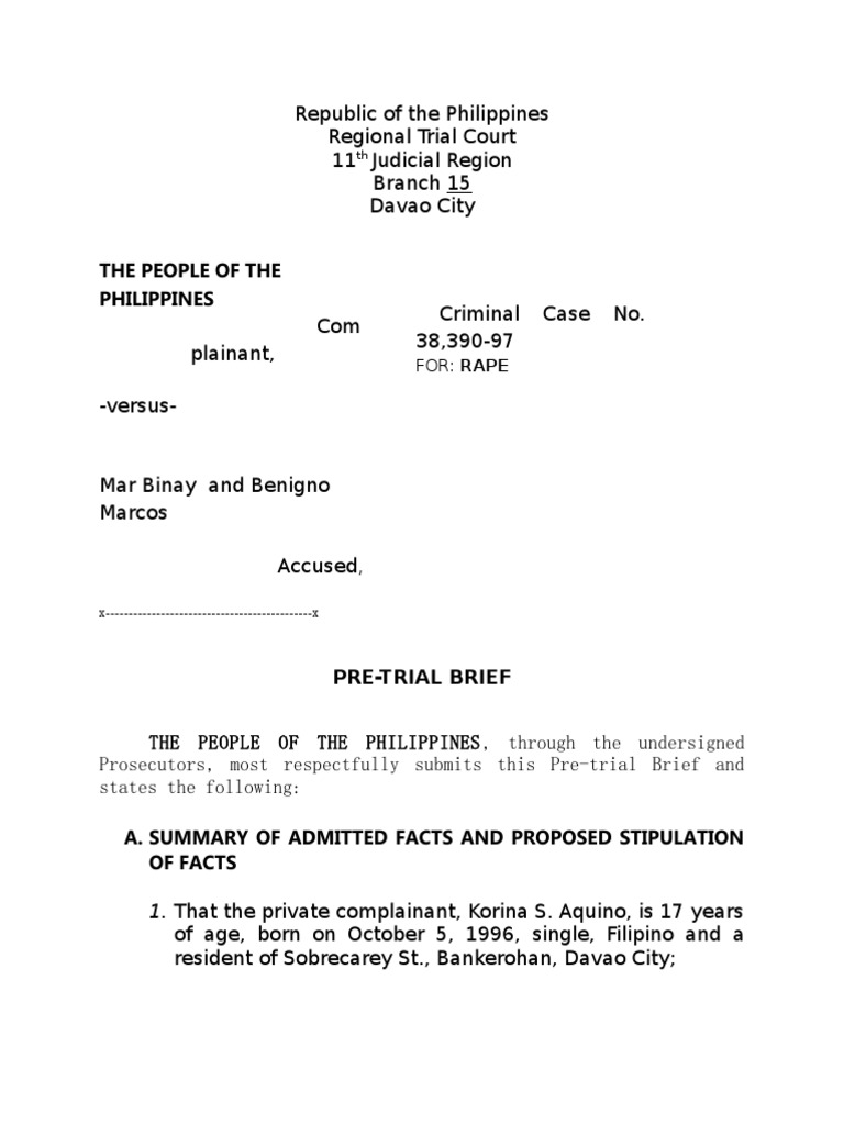 Pre Trial Brief Criminal Sample2 | PDF | Rape | Witness