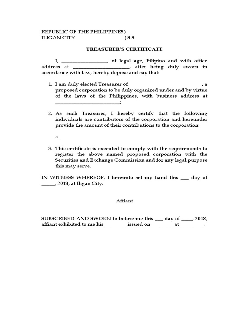 Treasurer's Certificate | PDF