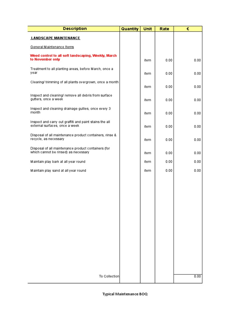 Sample Landscape Maintenance Bill of Quantities ALCI | Trees | Lumber