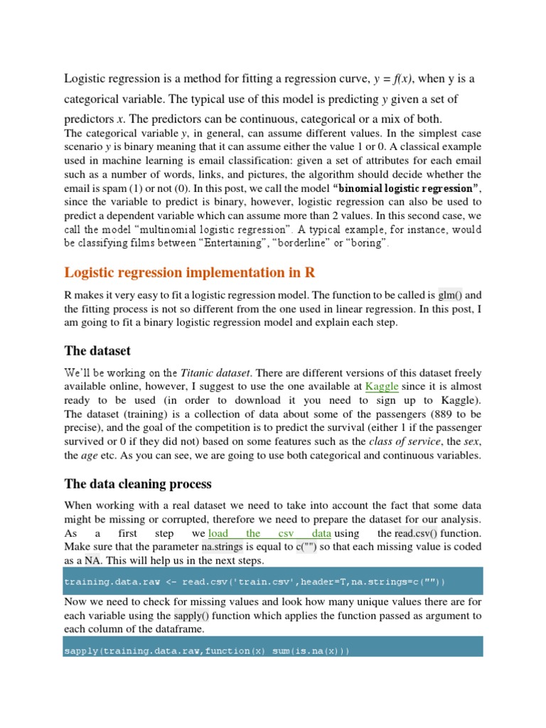 Logistic Regression Implementation in R: The Dataset | PDF | Logistic Regression | Receiver ...