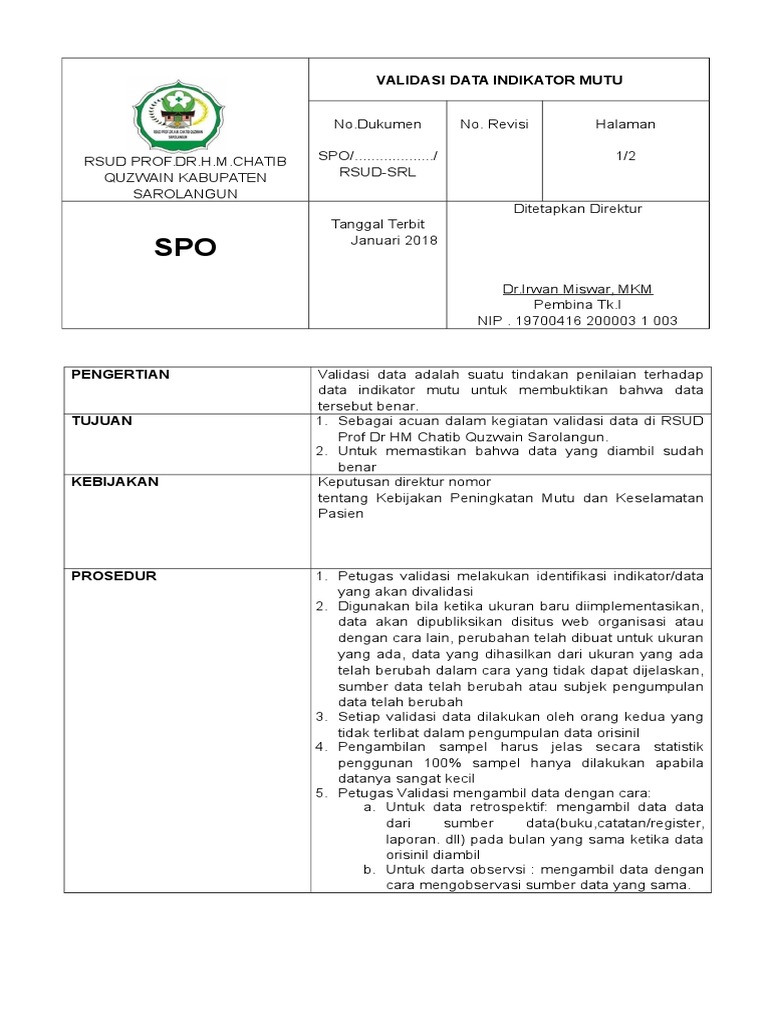 Spo Validasi Data Indikator Mutu RSCQ | PDF