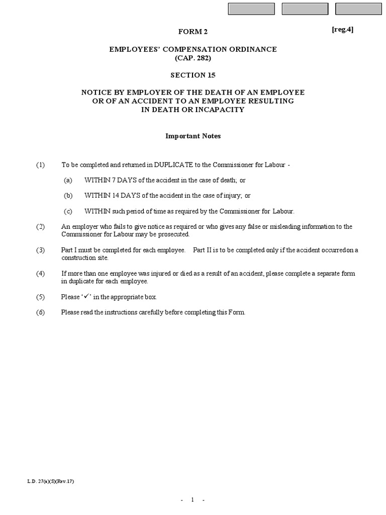 Form 2 (Reg.4) Employees' Compensation Ordinance (CAP. 282) Section 15 ...