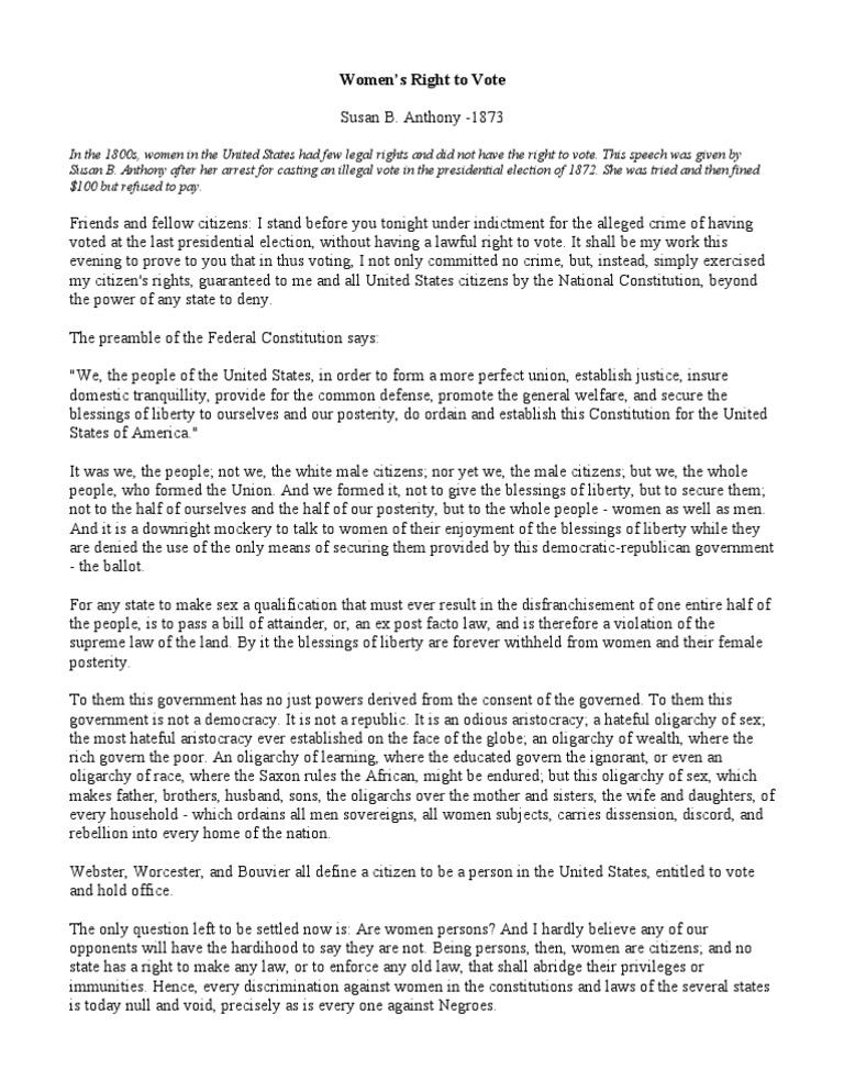 Speech Susan B Anthony 2 | PDF | Oligarchy | Citizenship