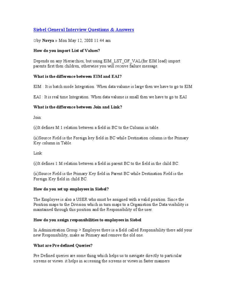 Siebel General Interview Questions & Answers: How Do You Import List of Values? | PDF