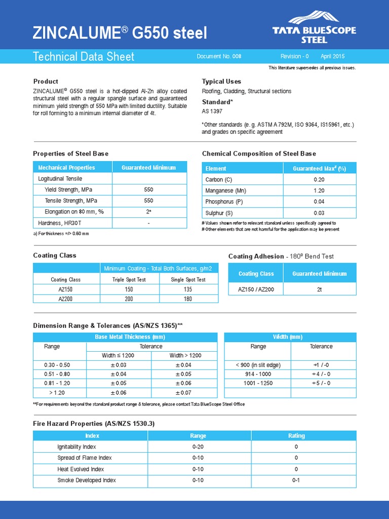 Datasheet Zincalume G550 | PDF | Galvanization | Steel