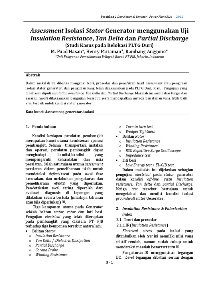 Fuad Hasan-Assessment Isolasi Stator Generator Menggunakan Uji Insulation Resistance, Tan Delta ...
