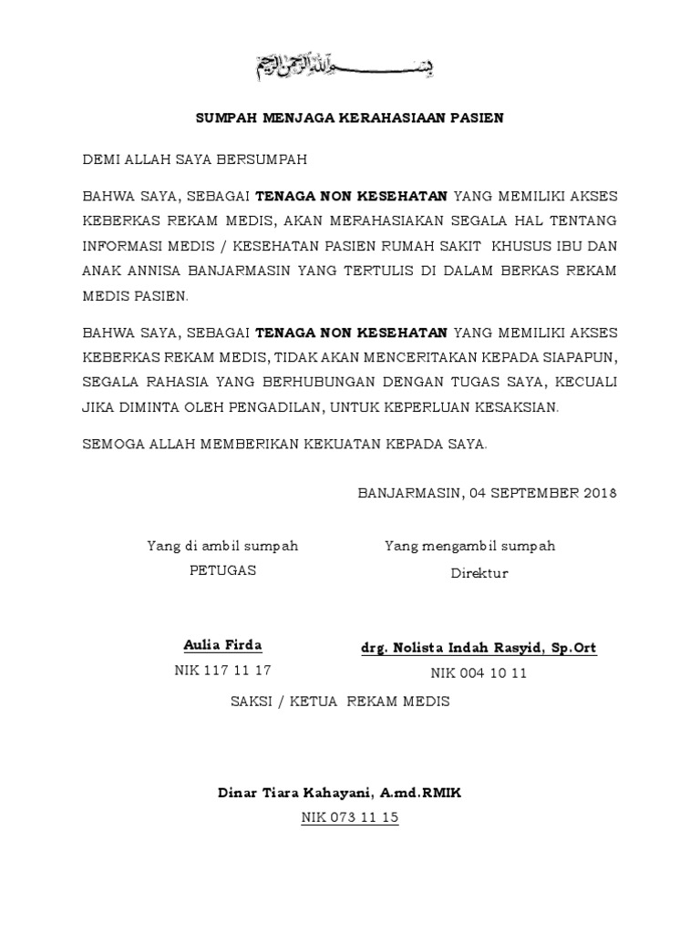 Sumpah Menjaga Kerahasiaan Pasien Ok | PDF Sumpah Menjaga Kerahasiaan Pasien Ok | PDF
