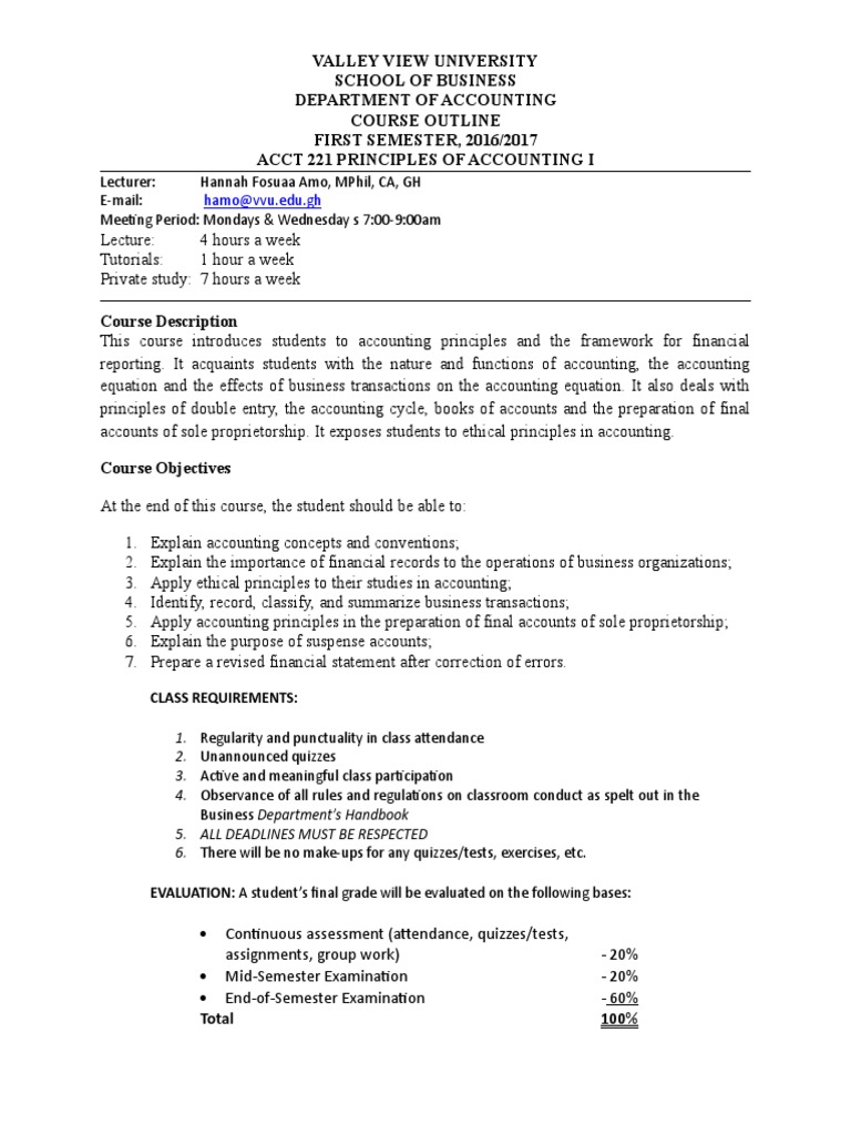Acct 221 Principles of Accounting 1 Outline | PDF | Balance Sheet ...