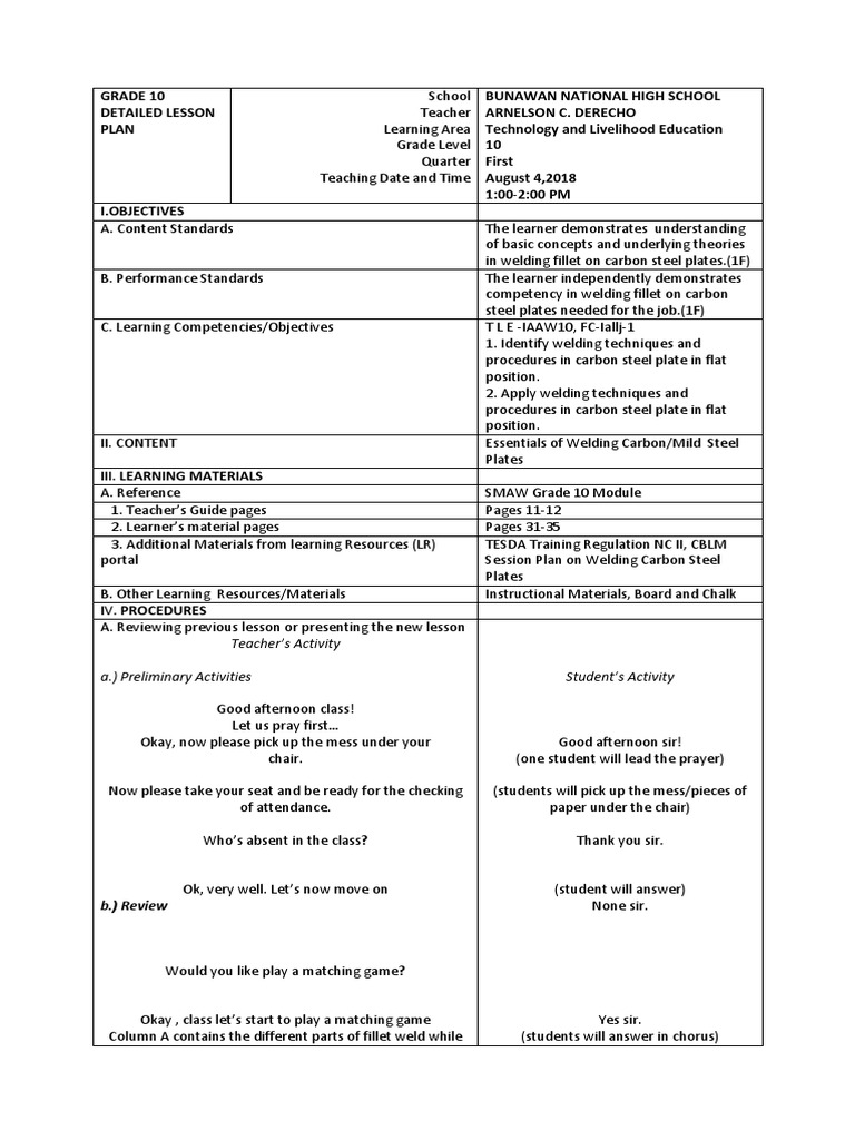Grade 10 Detailed Lesson Plan Final | PDF | Welding | Construction