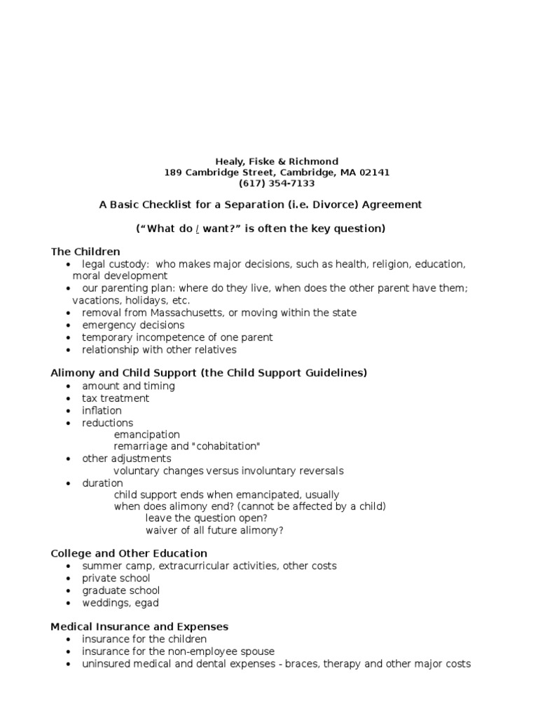 Separation Agreement Checklist MASS | PDF | Credit | Finance & Money ...