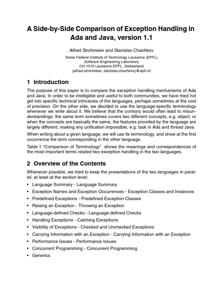 A Side By Side Comparison Of Exception Handling In Ada And Java Version 11 Pdf Class