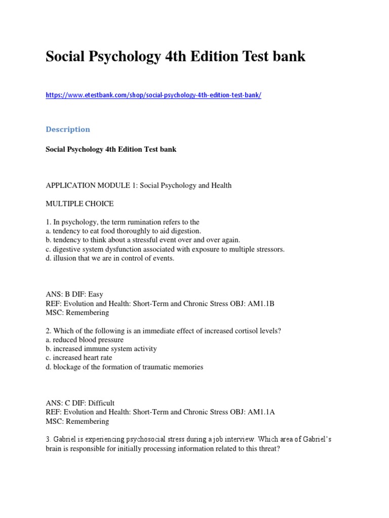 Social Psychology 4th Edition Test Bank | PDF | Stress (Biology) | Optimism
