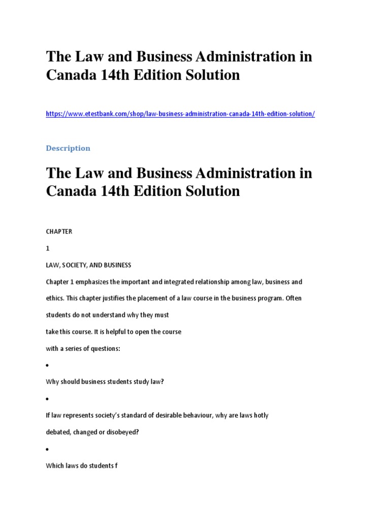 The Law and Business Administration in Canada 14th Edition Solution ...