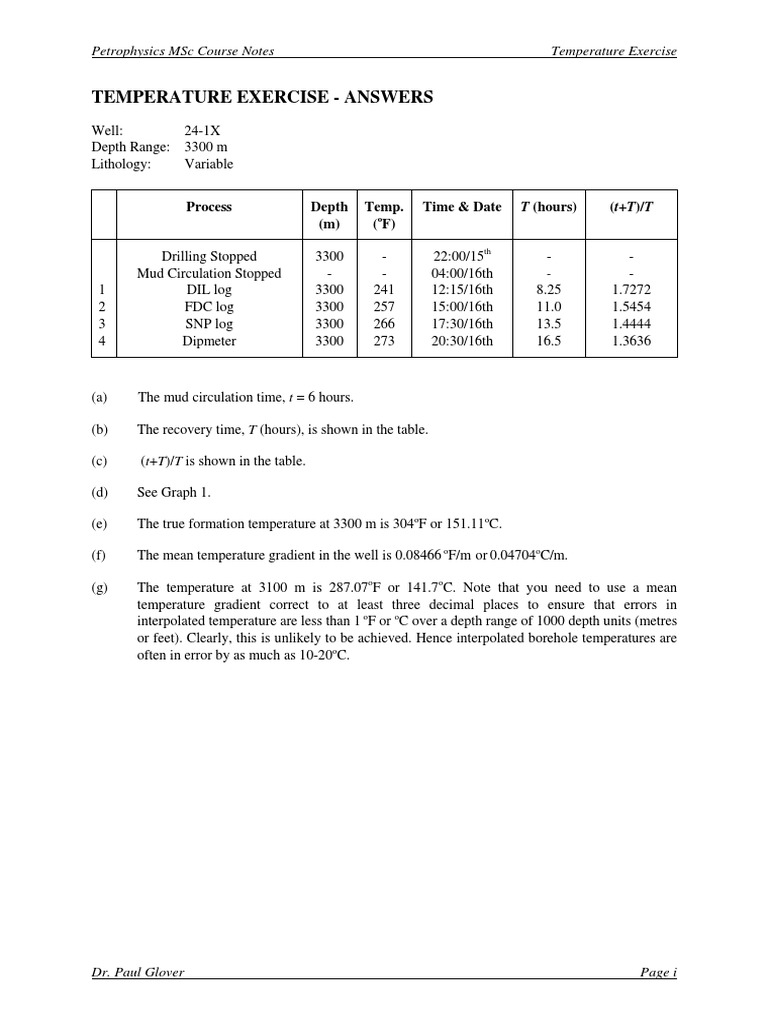 Temperature Exercise - Answers: Process Depth (M) Temp. (F) Time & Date ...
