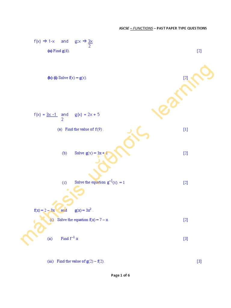 IGCSE Functions Past Paper Questions | PDF