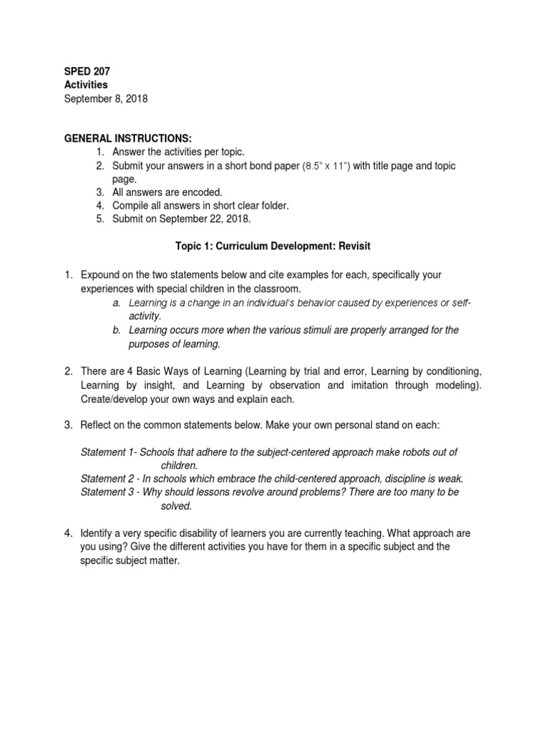 Special Education Curriculum Activities Guide | PDF | Curriculum ...