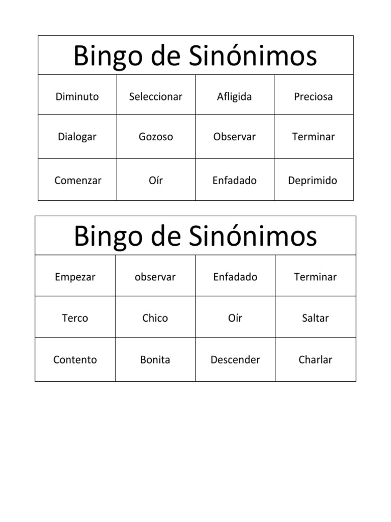 Bingo de Sinónimos | PDF