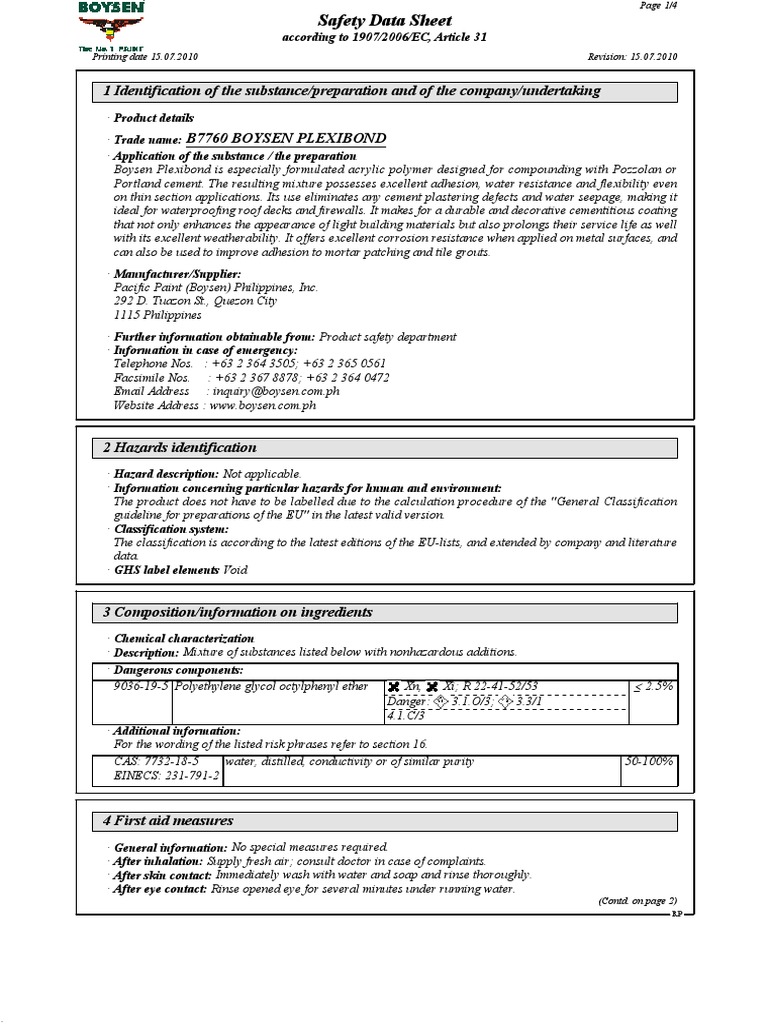 Boysen Plexibond B7760 Safety Data Sheet | PDF | Dangerous Goods ...
