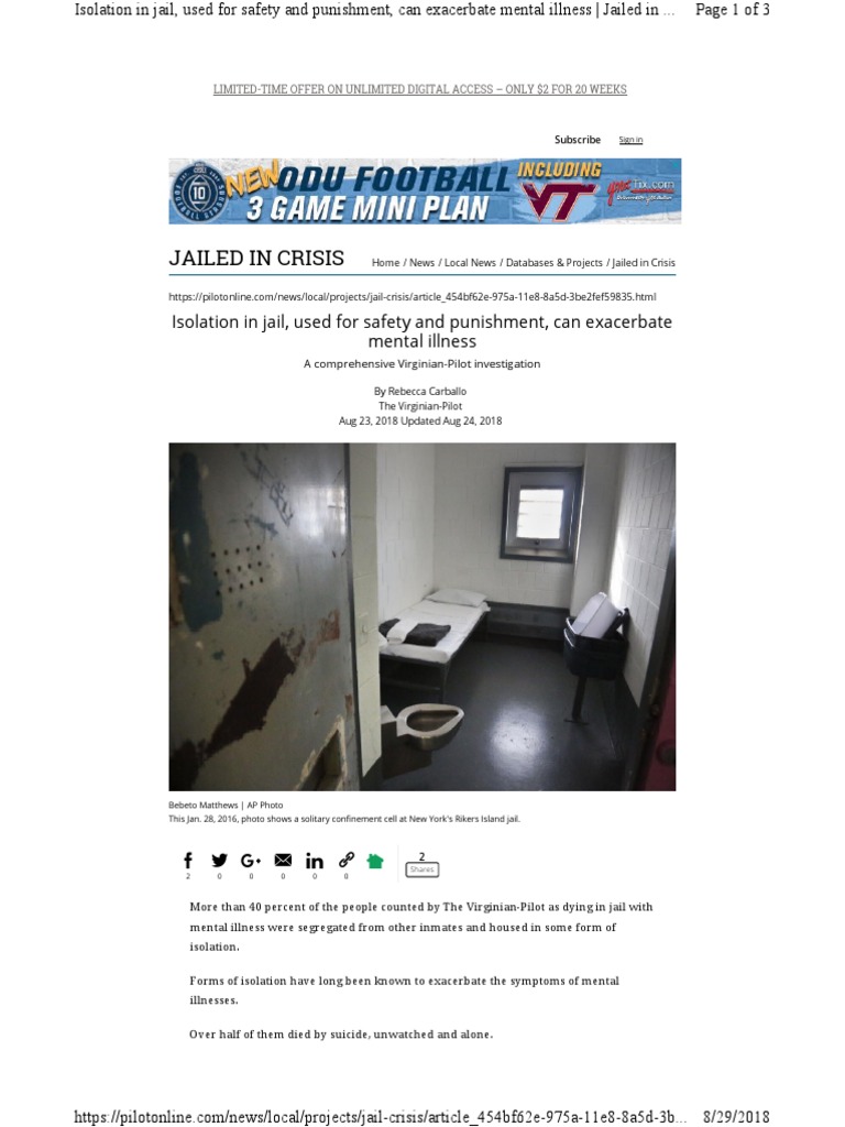 Isolation in Jail Used For Safety and Punishment Can Exacerbate Mental ...