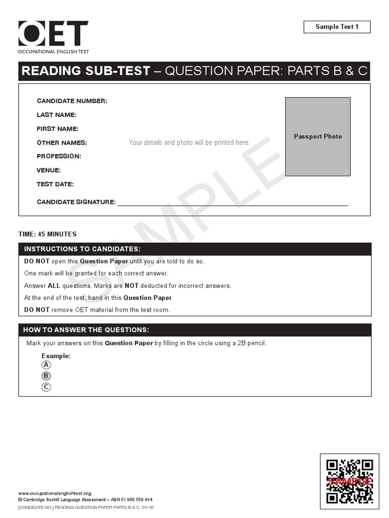 Reading Sample Test 1 Question Paper Part BC | PDF | Attention Deficit ...