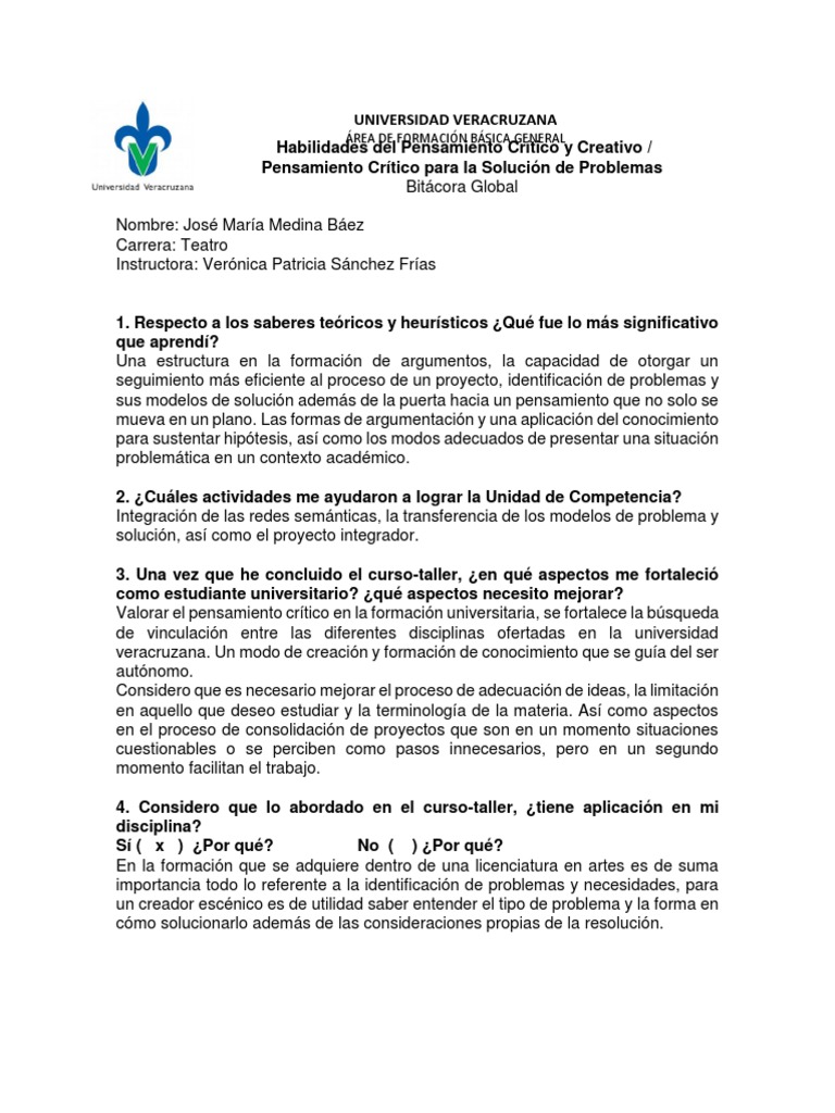 Ejemplo de bitacora COL 3er nivel | Pensamiento crítico | Heurístico ...